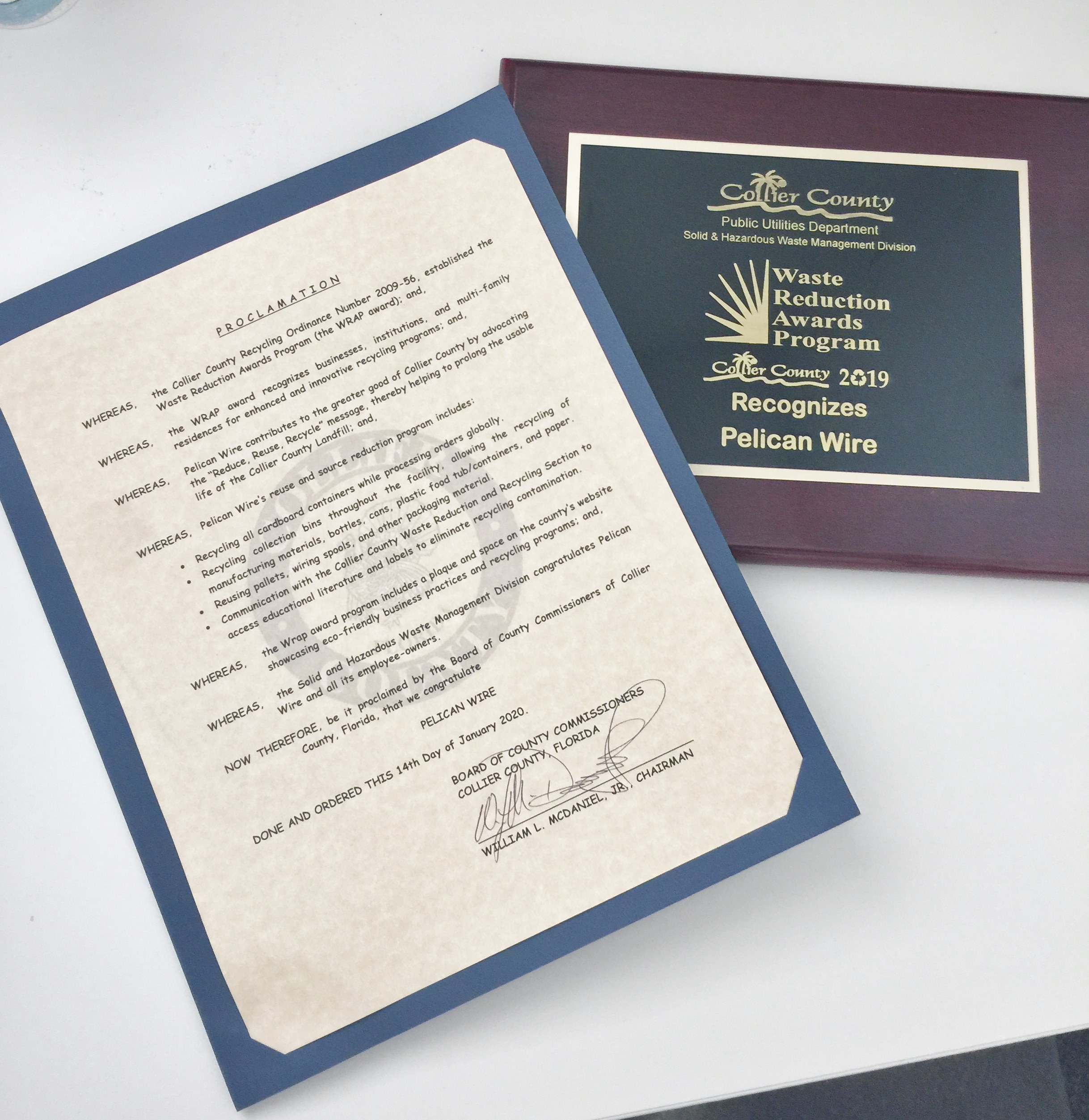 Waste Reduction Awards: Recognized by Collier County - Pelican Wire